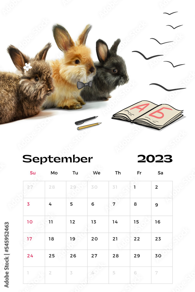 Calendar page for 2023 September, with a photo of three rabbits, and an ...