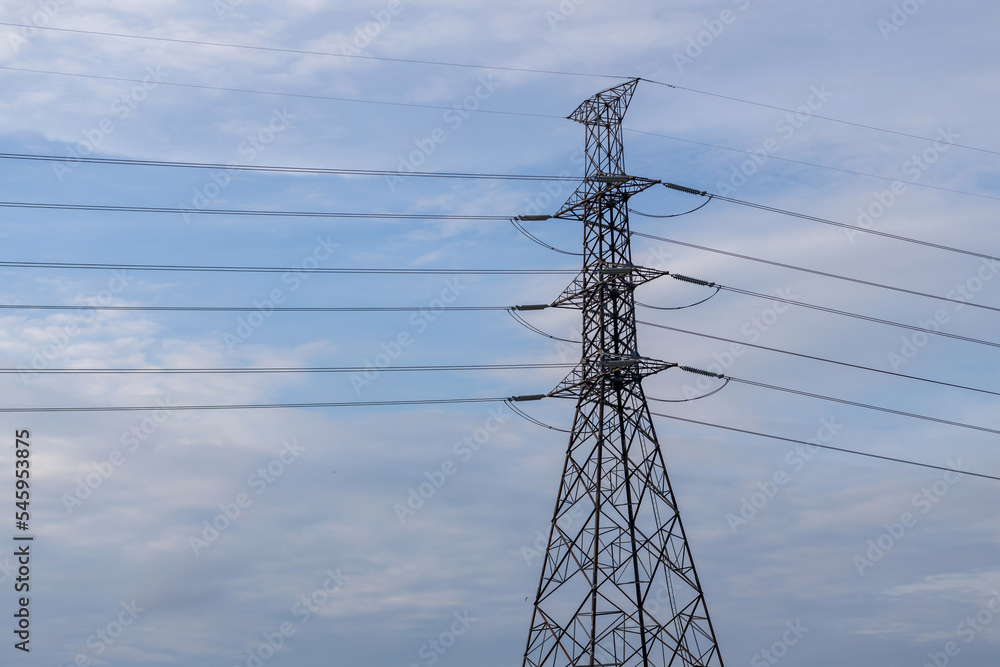 High voltage power tower. high-voltage power lines at sky background ...