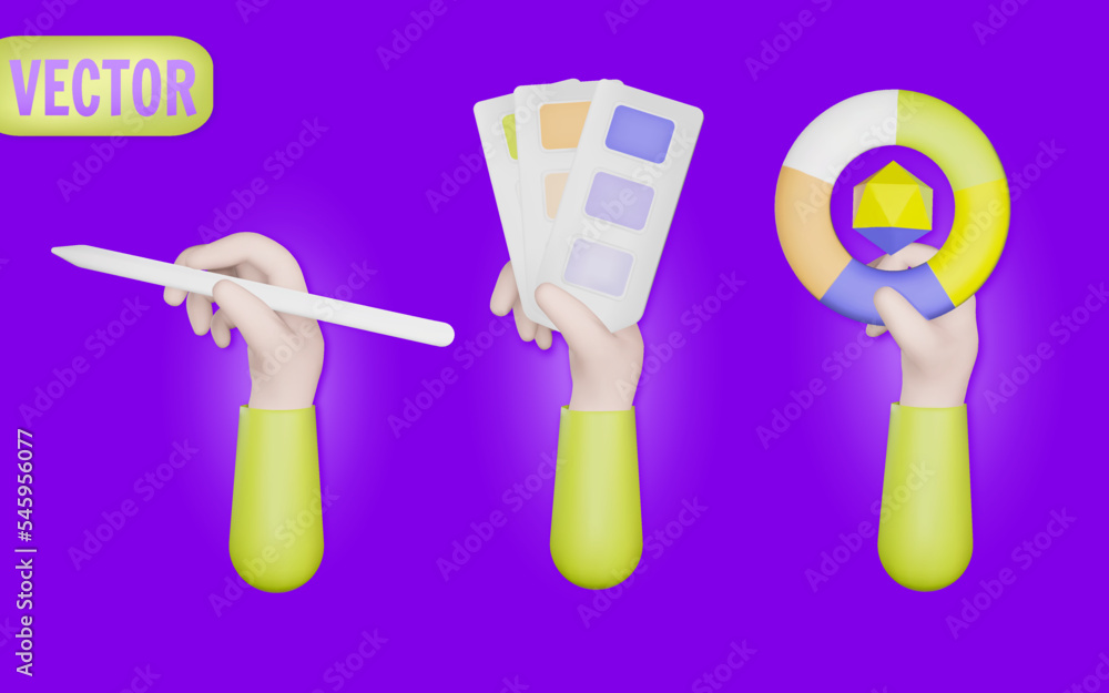 Set of isolated 3D realistic vector icons of illustrator's hand holding ...