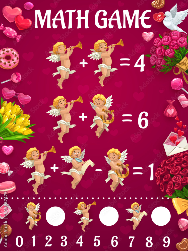 Math game worksheet, valentine wedding Cupids counting puzzle. Vector ...