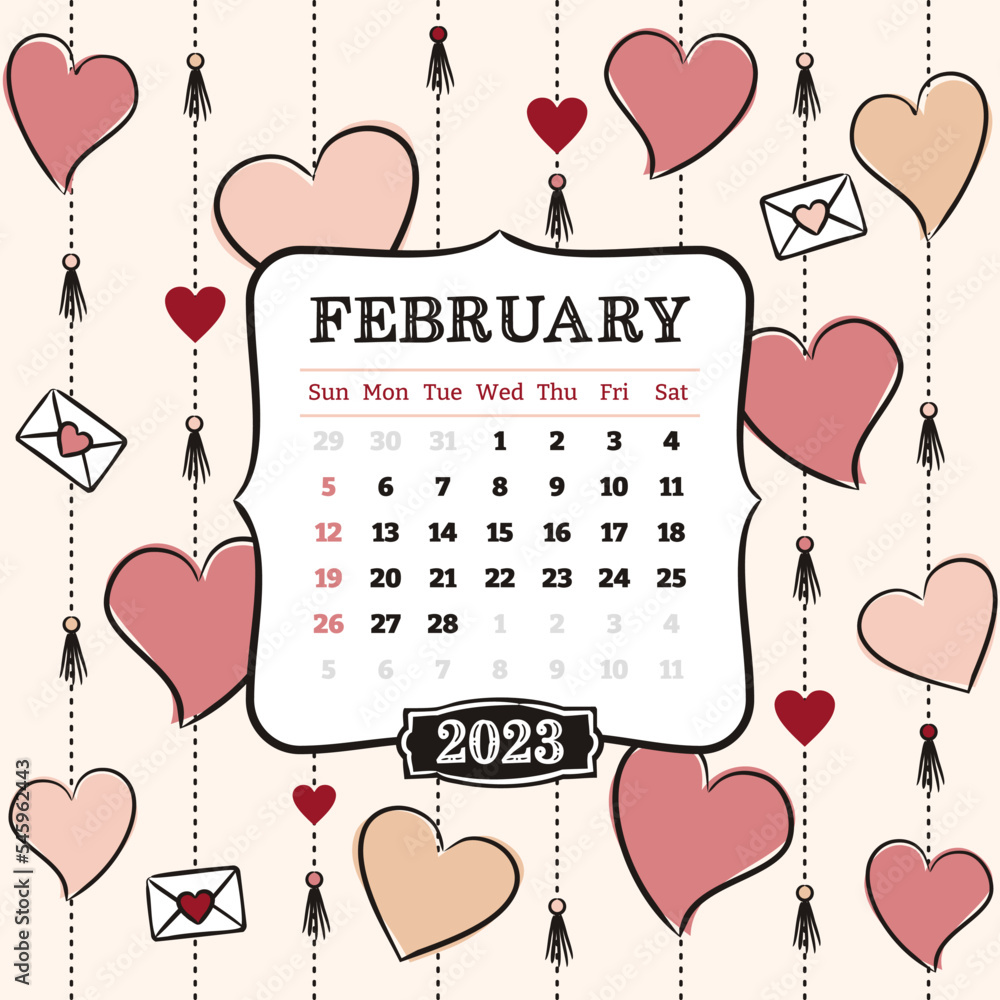 Thematic template for a calendar for 2023. The month of February ...