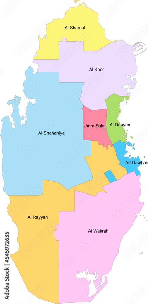 Carte du Qatar avec représentation des divisions territoriales ...