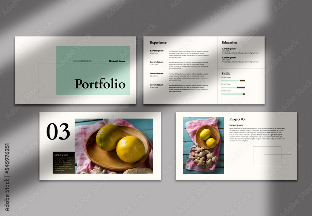 White And Green Minimal Portfolio Stock Template | Adobe Stock