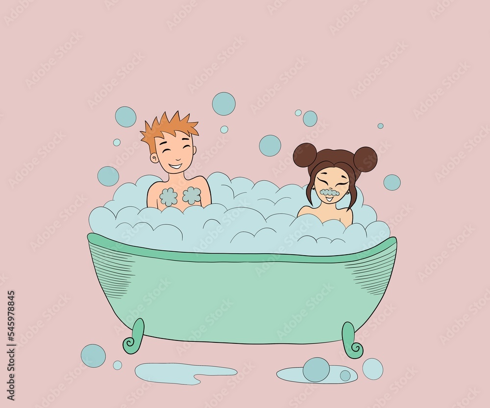 horizontal cute illustration, cheerful guy with a girl sit in a ...