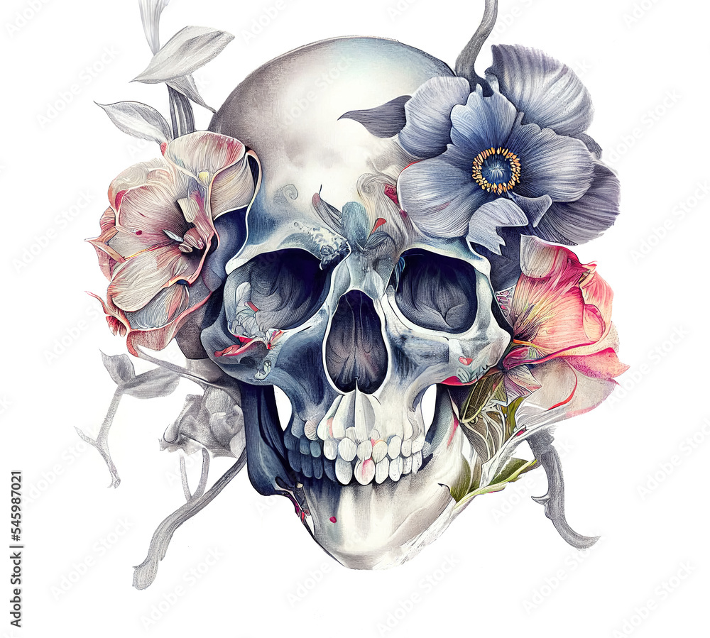 Skull and Flowers Day of The Dead, Vintage illustration. Elegant tattoo ...