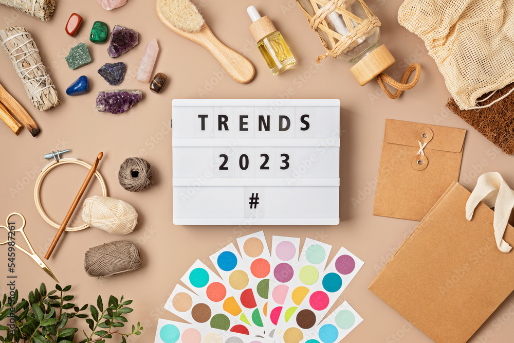 Lightbox with text trends 2023 and personal life objects. Popular ...