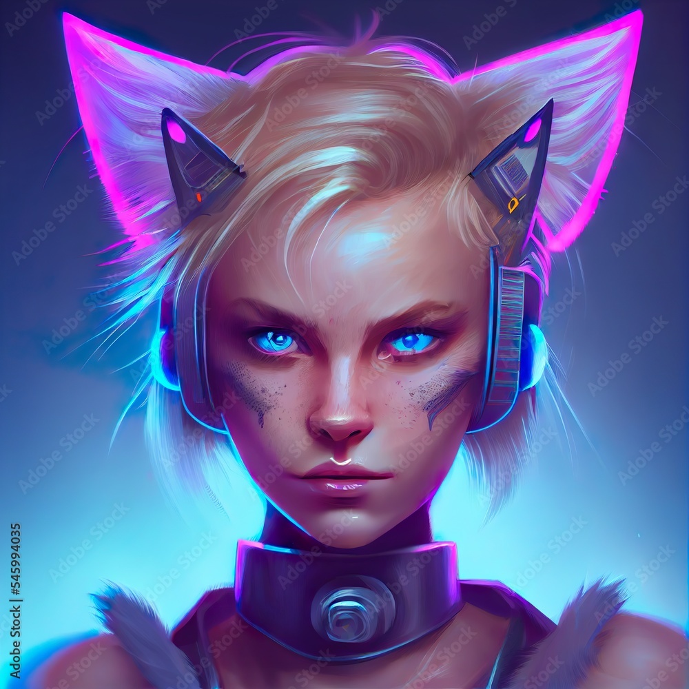 Fantasy Futuristic Cyber Cat In Cyberpunk Style Character Concept Design Full Body Character