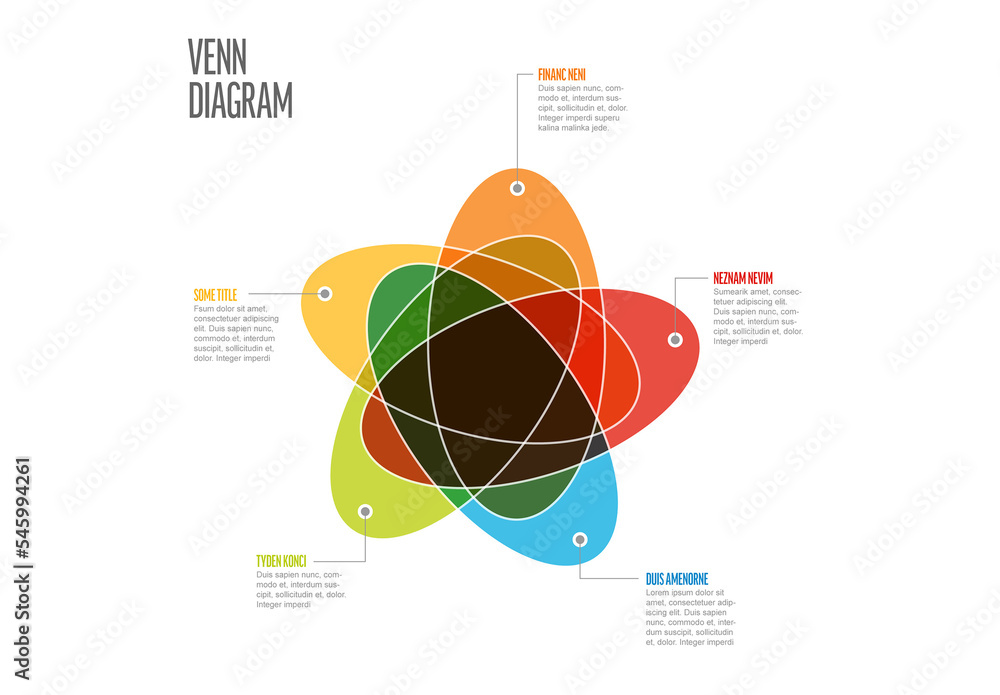 Multipurpose Venn diagram schema template with five elements Stock ...