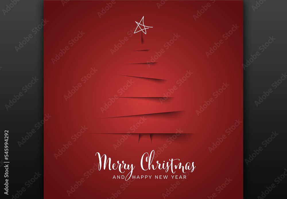 Red Christmas card with tree made from paper cut stripes Stock Template ...