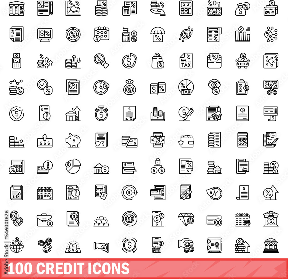 100 credit icons set. Outline illustration of 100 credit icons vector ...