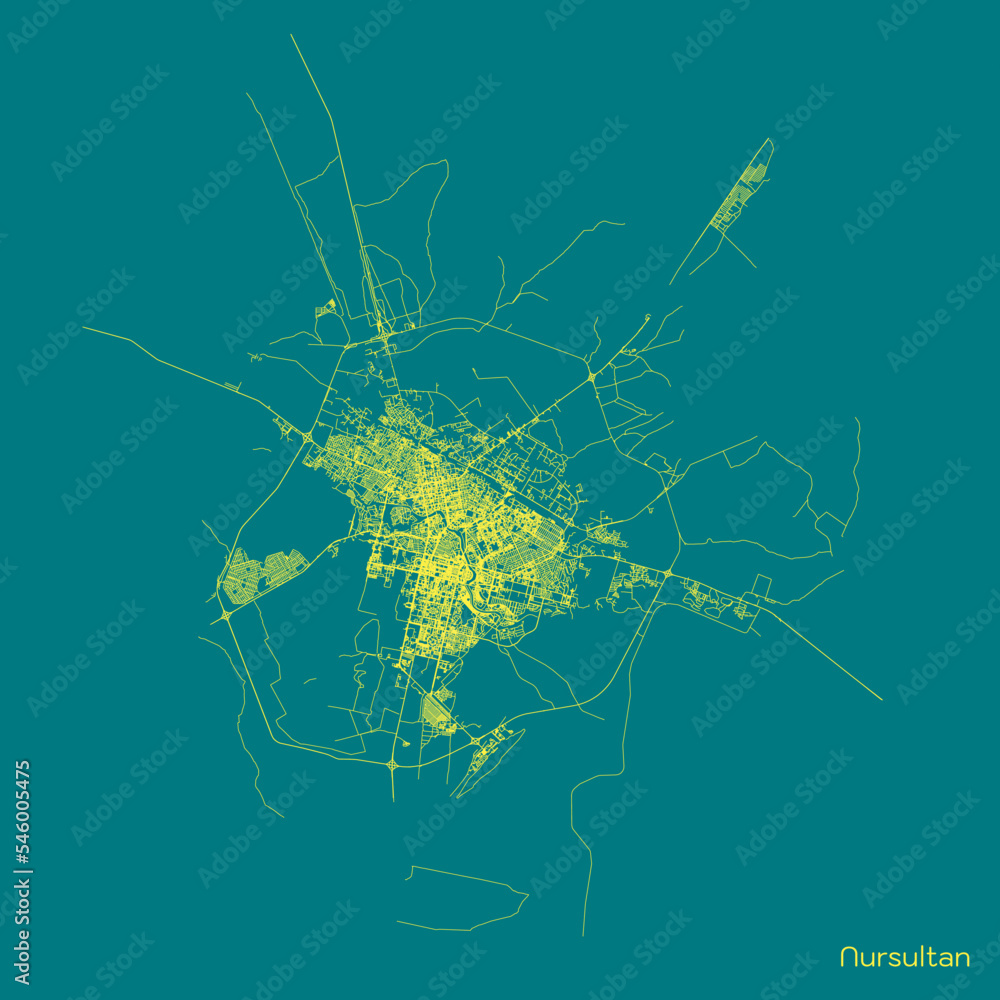 Nursultan city map with roads and streets, Kazakhstan. Vector outline ...