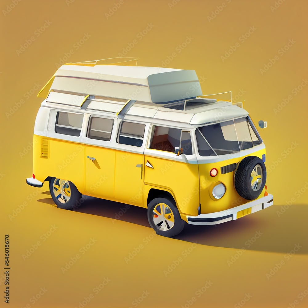 Cartoon camper van isolated on yellow background. Isometric ...