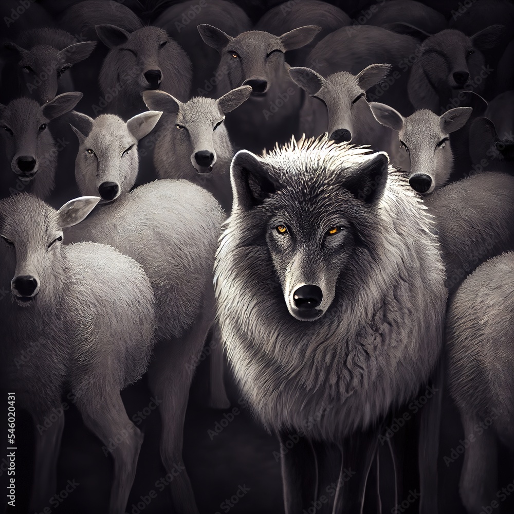 Wolf in sheep's clothing in the herd of sheeps. Ai generated ... Wolf in sheep's clothing in the herd of sheeps. Ai generated ...