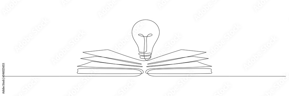 Light bulb above book continuous one line art drawing. Line drawing open book with lamp idea ...