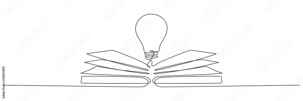 Light bulb above book continuous one line art drawing. Line drawing ...