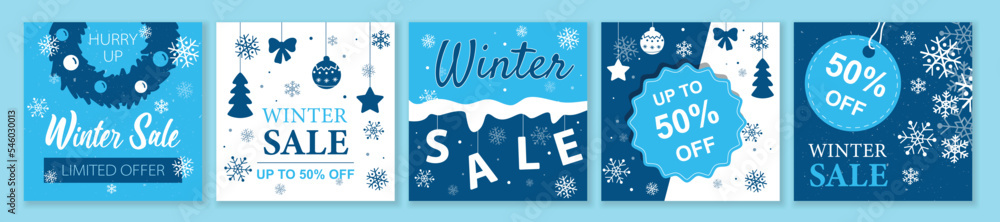 Winter and Christmas Sale square template set for ads posts in social ...