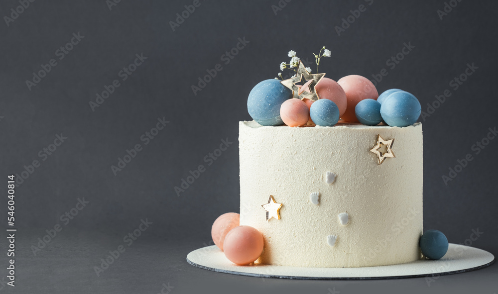 Baby shower party cake with white cream cheese frosting decorated with ...