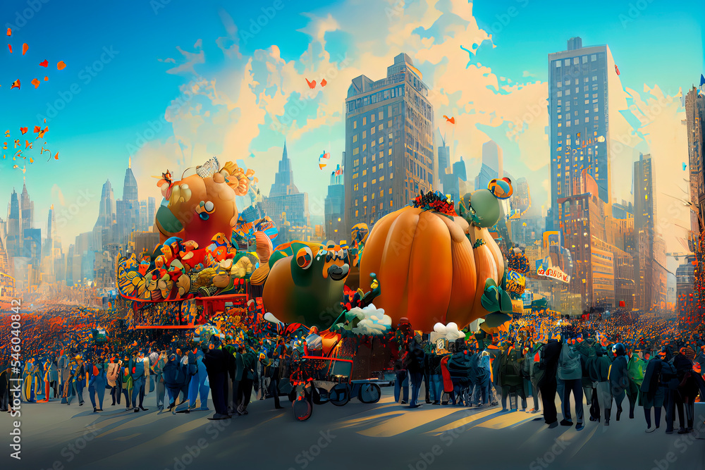 Macy's Thanksgiving Day Parade in the New York. Holiday, cartoon style ...