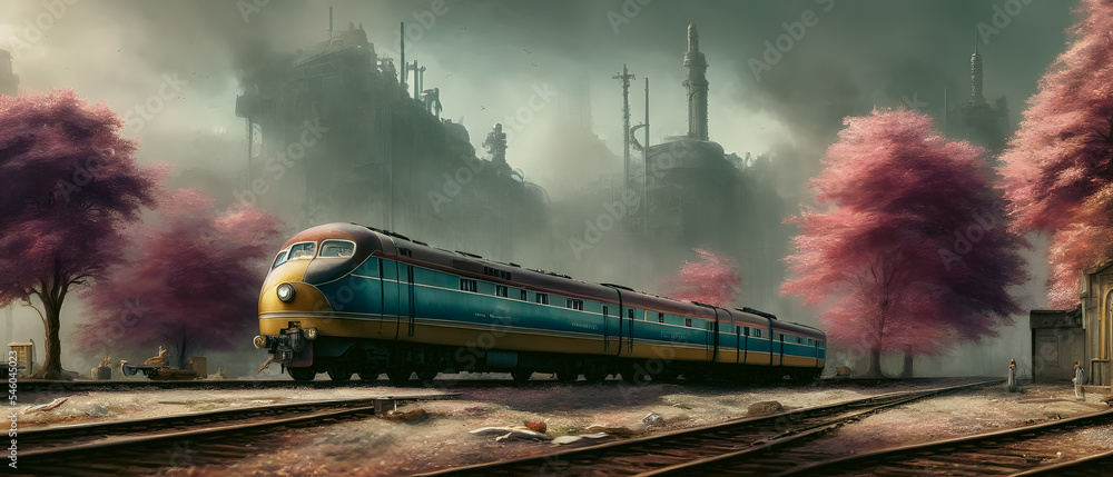Artistic concept illustration of a retro fantasy train in the city ...