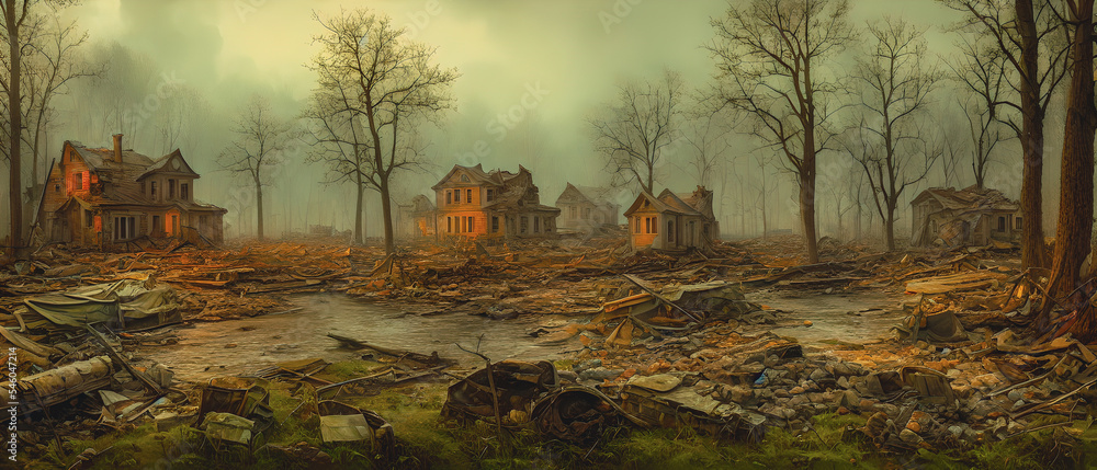 Concept illustration of a destroyed city after war, background ...