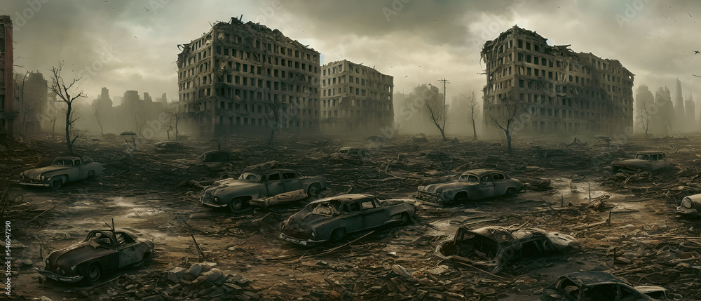 Concept illustration of a destroyed city after war, background ...