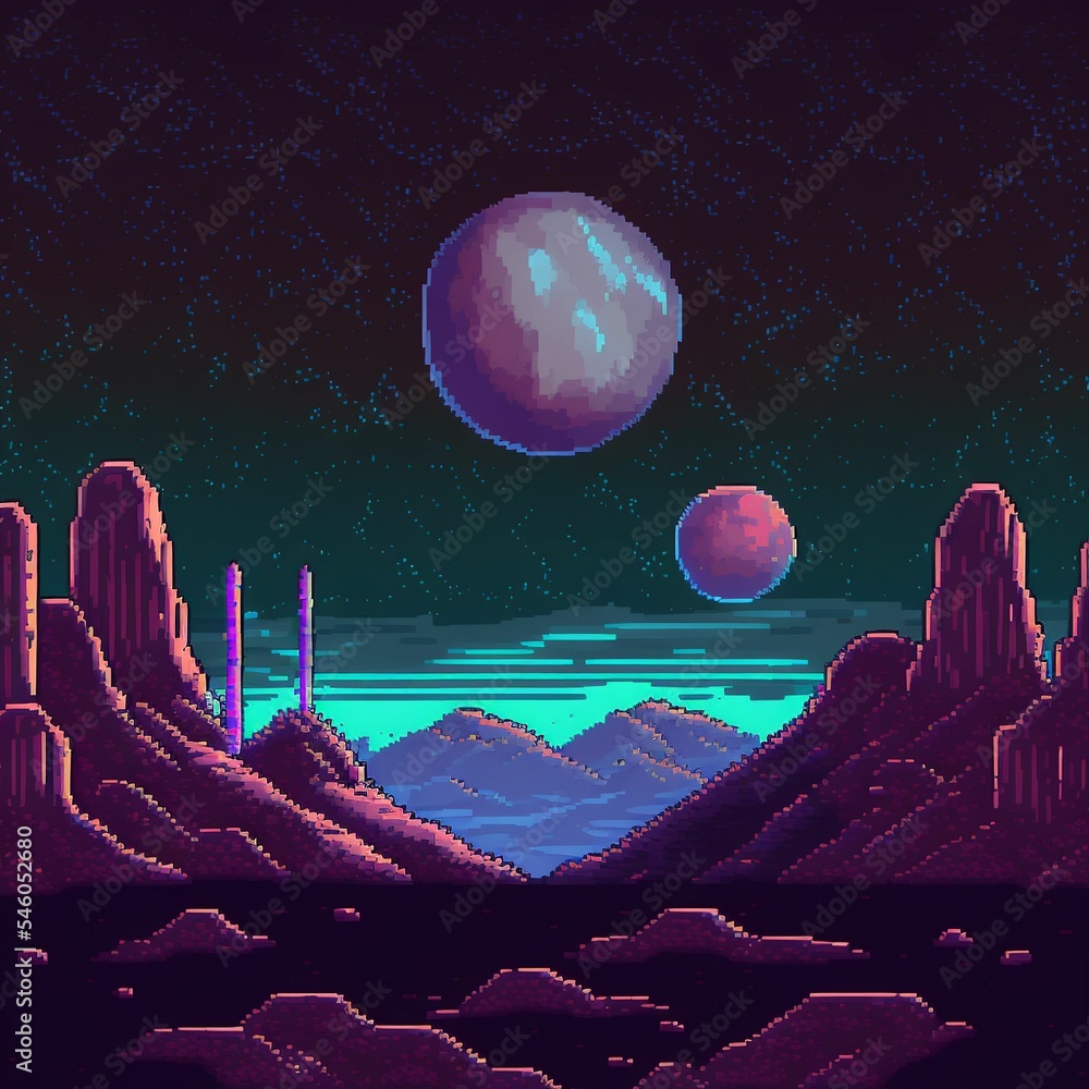 Pixel art game location. Cosmic area, planet surface foto de Stock ... Pixel art game location. Cosmic area, planet surface foto de Stock ...