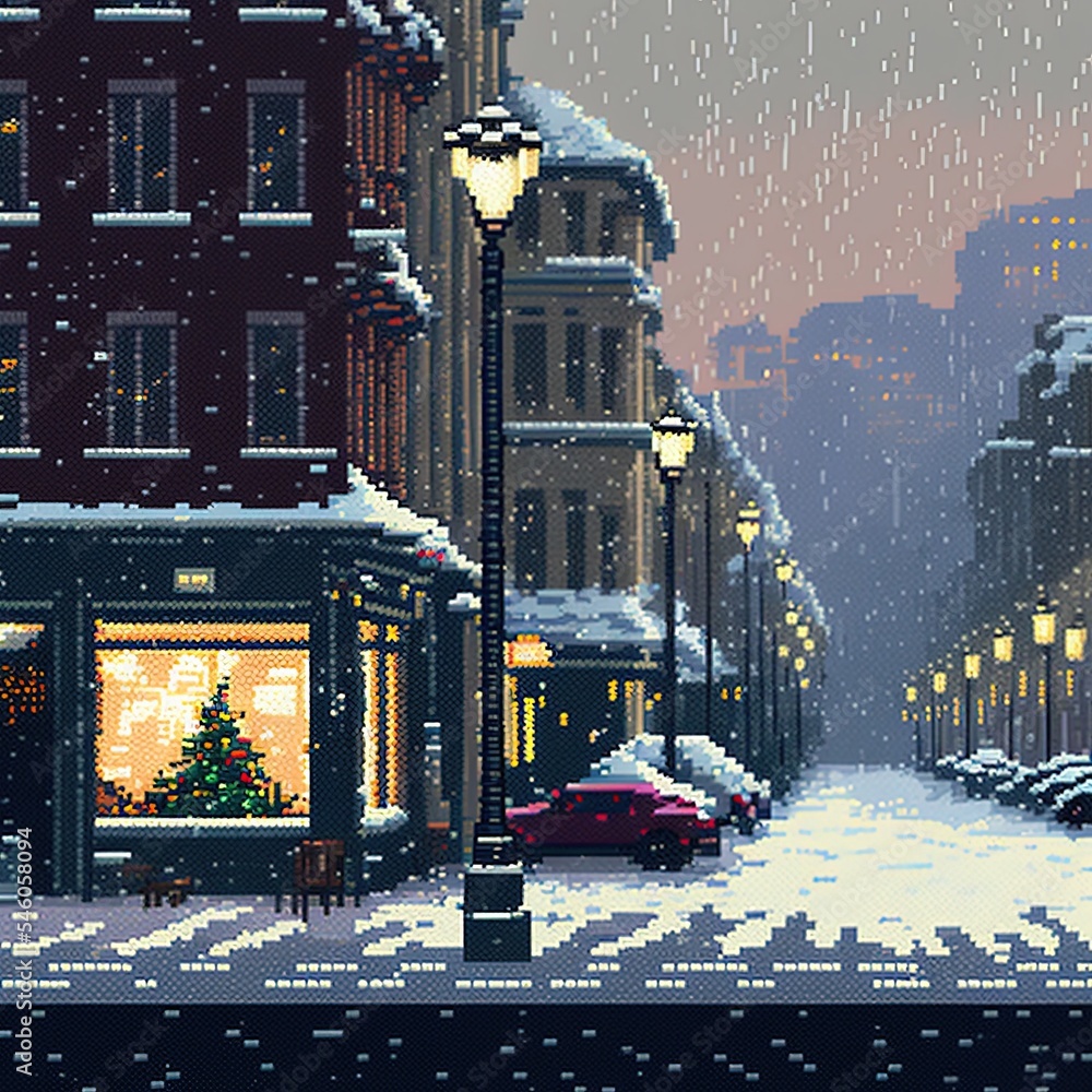 Pixel Christmas snow evening on a old cozy city street. Snowfall. Warm ...