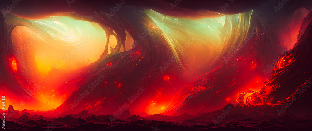 Artistic concept illustration of a burning lava landscape, background ...