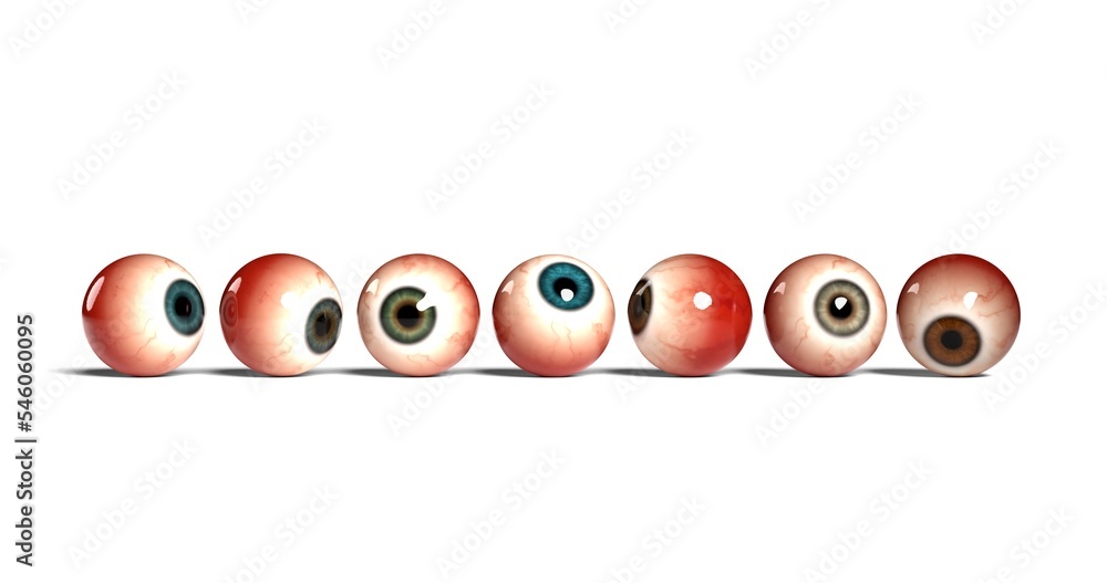 seven realistic human eyes with different iris, isolated on white ...