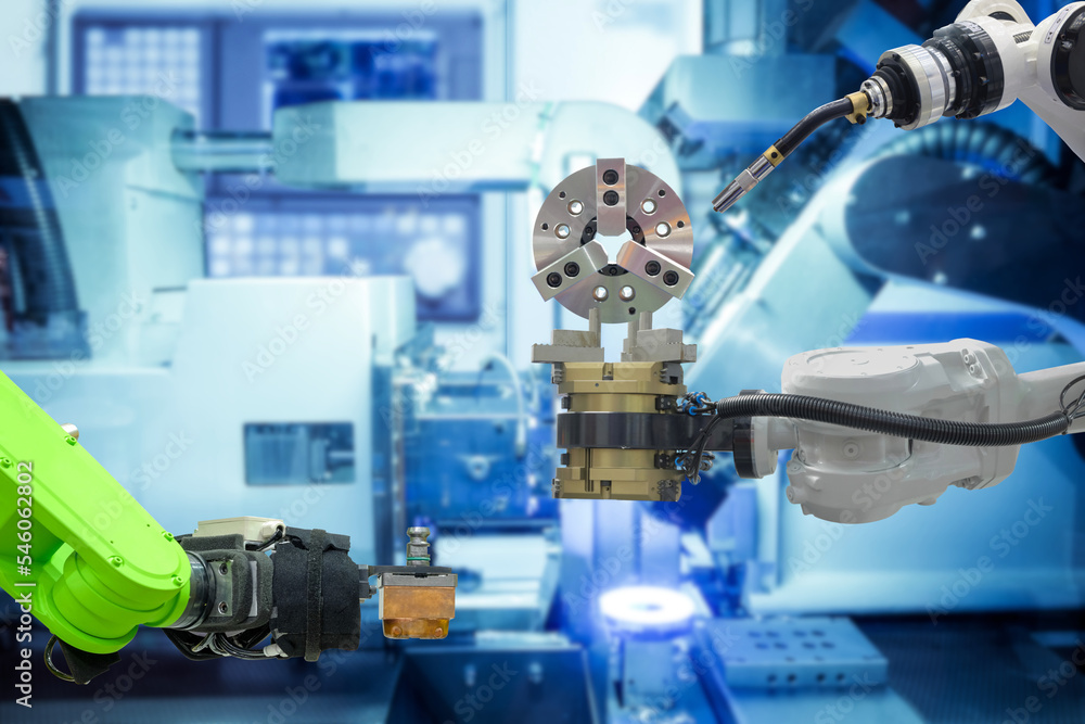 Close-up industrial welding robot working with metal part from gripping ...