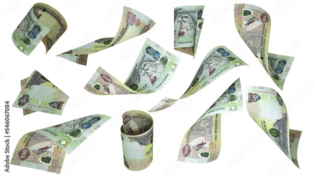 3D rendering of 500 UAE dirham notes flying in different angles and ...