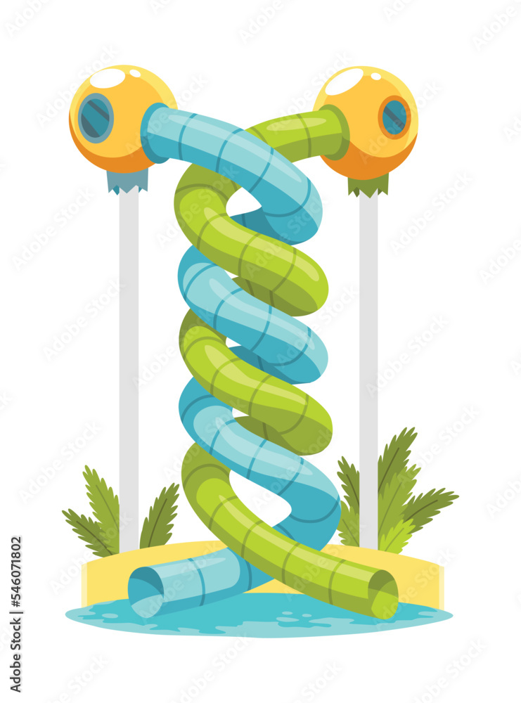 Waterpark water slide with colored plastic screw slide. Aquapark and ...