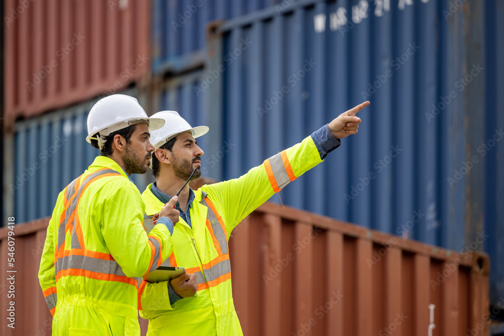 Foreman control loading containers box from factory to cargo freight ...