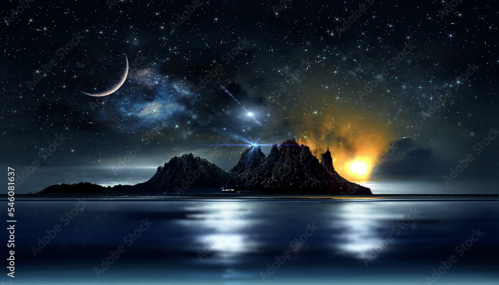 Starry night at sea star fall and moon on dark sky milky way reflection ...