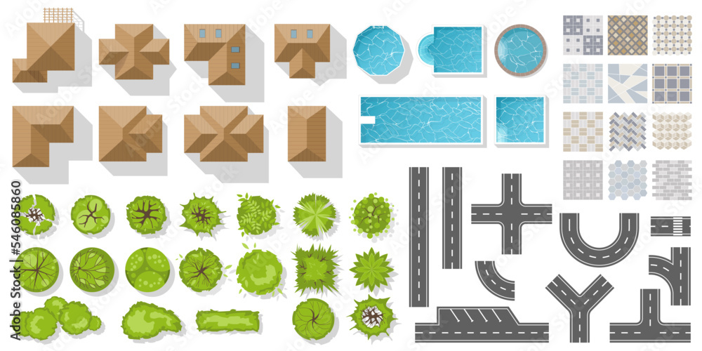 Set of elements top view for landscape design. Buildings and trees for ...