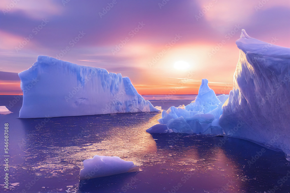 arctic landscape with icebergs, greenland and antarctica ice, melting ice caps, polar sea with ...