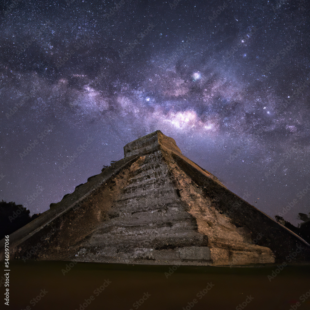 Temple with Mayan pyramid of Kukulcan El Castillo at night with starry ...