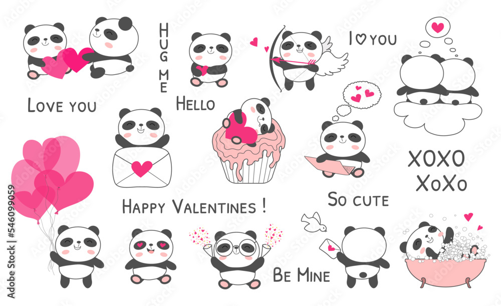 Baby panda valentines day set vector illustration. Cute grey panda bear ...