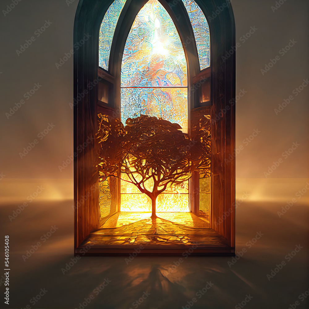 Stained glass and volumetric light, a beautiful tree in the middle of ...