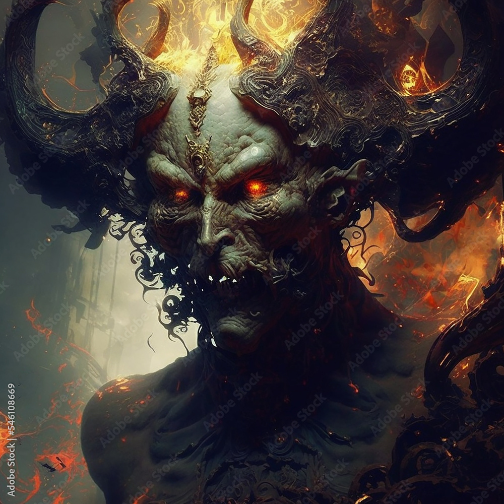 Concept art illustration of horned demon from hell, devil or satan ...