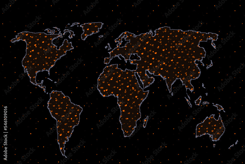 Roughly outlined world map with heart pattern. Poster of world, earth ...