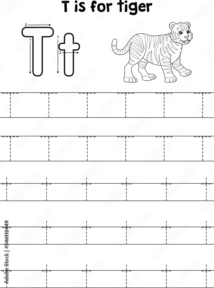 Tiger Animal Tracing Letter ABC Coloring Page T Stock Vector | Adobe Stock