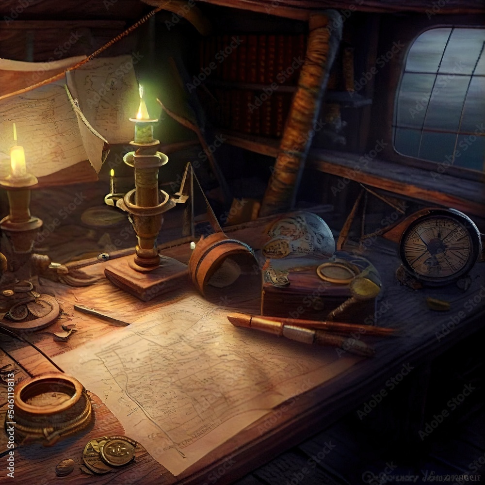 An ancient pirate map in the cabin of a pirate ship. Image of an ...