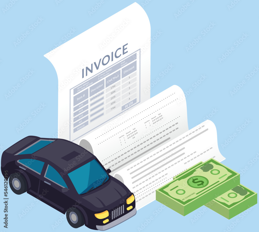 Car near check for payment, receipt for purchase of vehicle. Buying ...