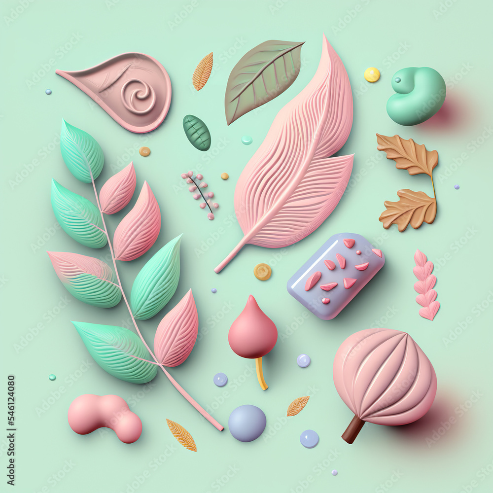 knolling illustration of tree leaves squishy puffy texture in cozy ...
