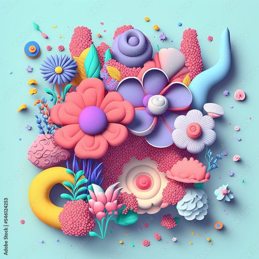 knolling 3d illustration of flowers squishy puffy texture in cozy ...