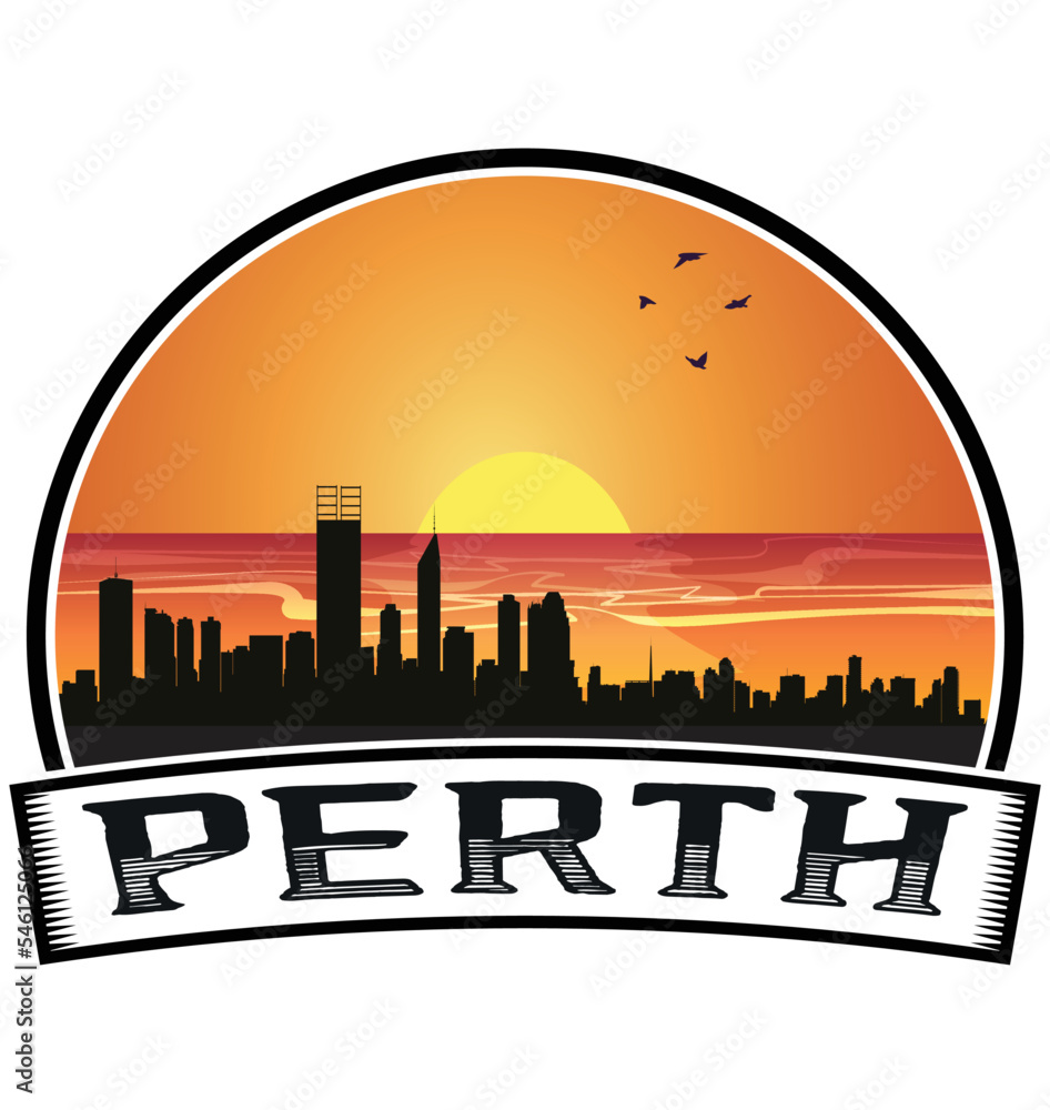 Perth Australia Skyline Sunset Travel Souvenir Sticker Logo Badge Stamp ...