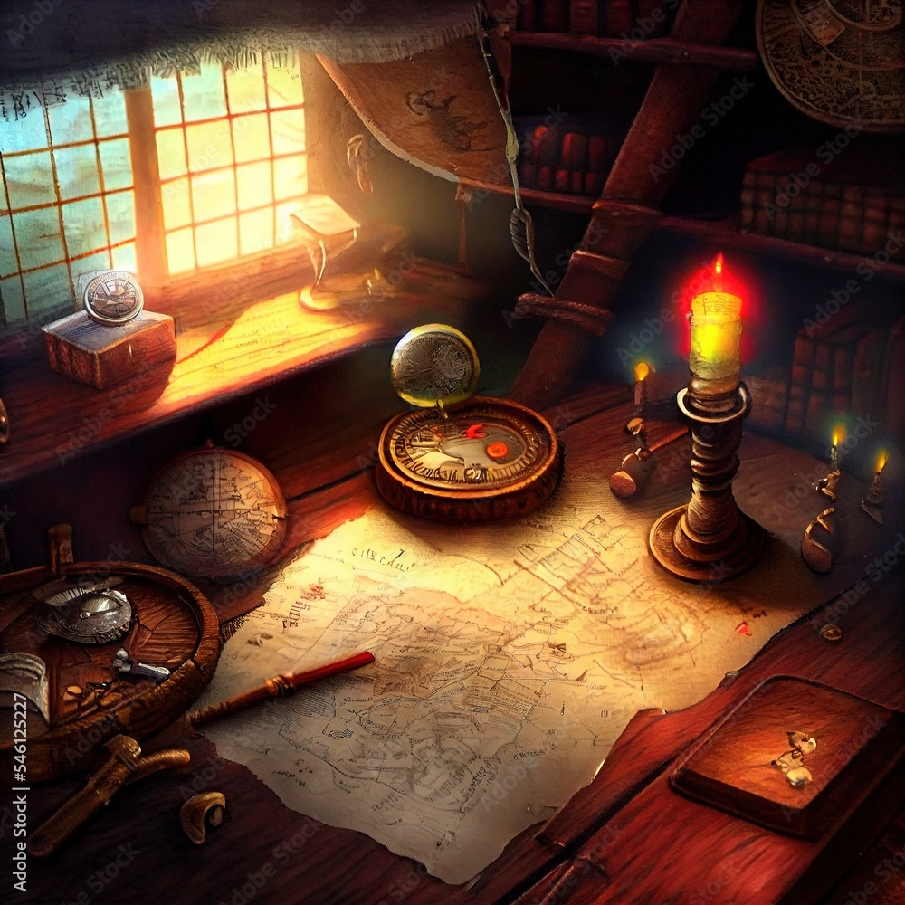 An ancient pirate map in the cabin of a pirate ship. Image of an ...