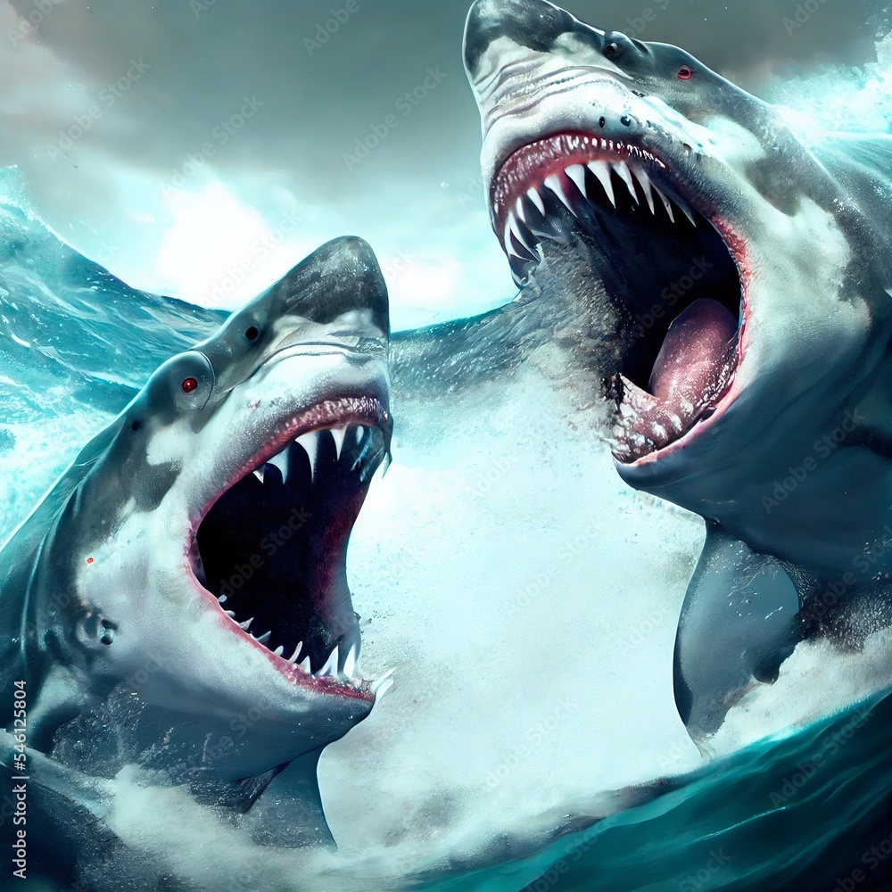 The battle of the two big menacing sharks in the ocean. The Bloody ...