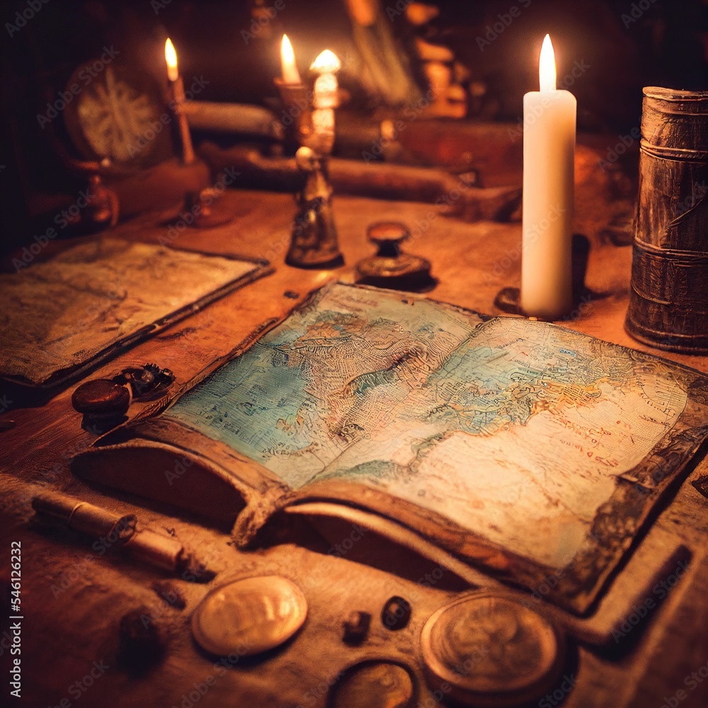An ancient pirate map in the cabin of a pirate ship. Image of an ...